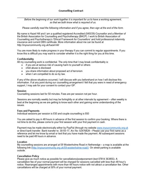 Counselling Contract Pdf Psychotherapy Confidentiality