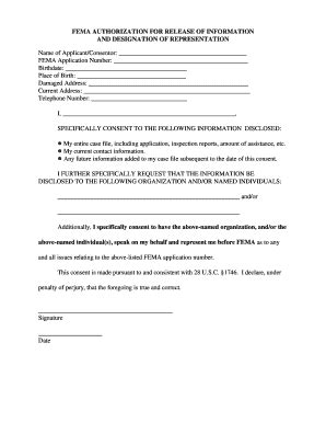 Fillable Online FEMA AUTHORIZATION FOR RELEASE OF INFORMATION Fax Email Print PdfFiller