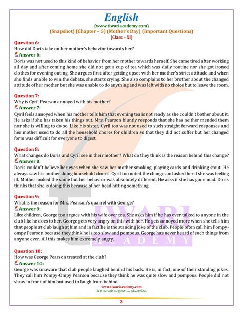 Class 11 English Snapshots Chapter 5 Important Questions Mothers Day