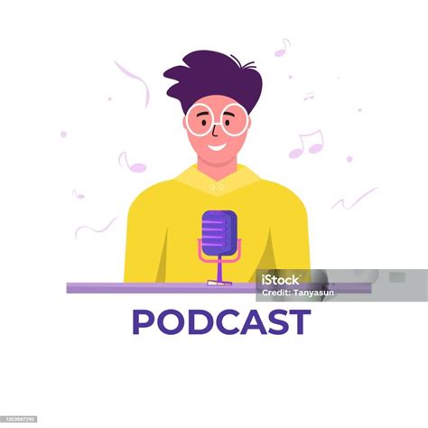 헤드폰 듣기 및 녹음 오디오 팟 캐스트와 팟 캐스트 온라인 쇼 벡터 평면 일러스트 마이크와 헤드셋 공부를 가진 젊은 남자 팟