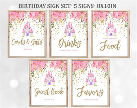 Princess Party Table Signs Pink Gold Glitter Editable Set Of 5 Etsy