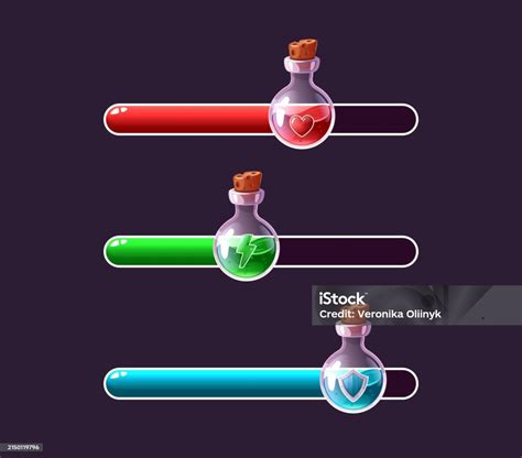 카툰 파워 레벨 바 물약 약병 병과 건강 힘과 방패에 대 한 진행률 표시 줄 판타지 게임 인터페이스 요소 만화 벡터 세트 계기판