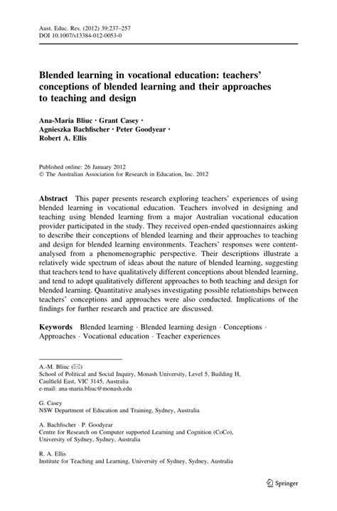 Pdf Blended Learning In Vocational Education Teachers Conceptions