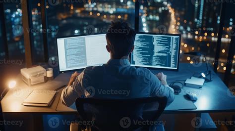 Software Developer Coding Late At Night In A City Office With Bright Lights Visible Through The