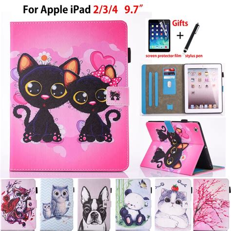 패션 만화 실리콘 가죽 플립 커버 애플 Ipad 2 3 4 케이스 올빼미 고양이 패턴 스탠드 쉘cover For Apple Ipadcase For Ipadcase