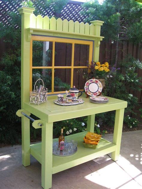 Green Potting Bench With Vintage Window Outdoor Potting Bench