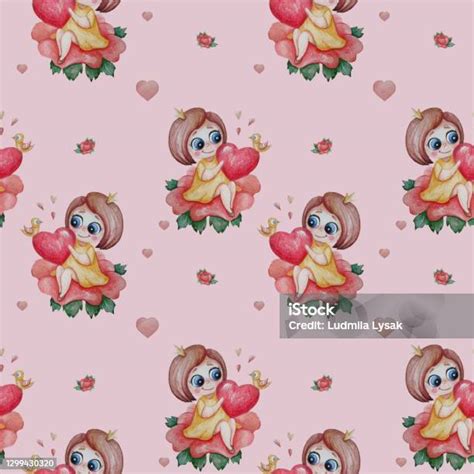 매끄러운 패턴 크라운을 가진 귀여운 소녀 공주는 마음과 꽃과 분홍색 배경에 새와 함께 큰 마음으로 꽃에 앉아있다 수채화 손 그리기 가공의 인물에 대한 스톡 벡터 아트 및