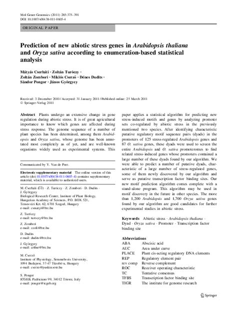 Pdf Prediction Of New Abiotic Stress Genes In Arabidopsis Thaliana