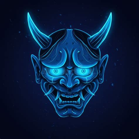 Glowing Blue Japanese Oni Mask Art Stock Illustration Illustration Of