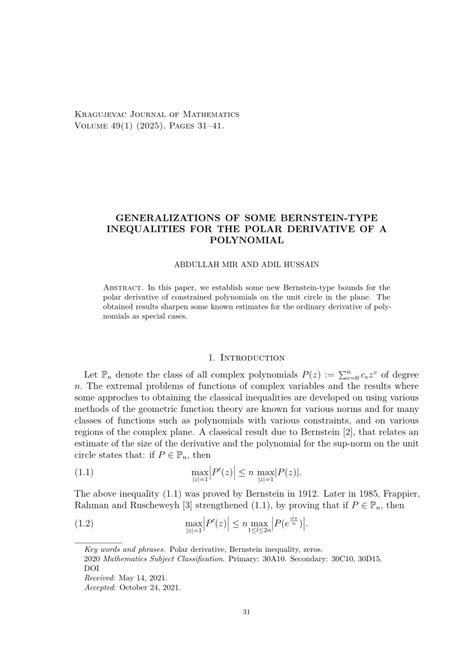 Pdf Generalizations Of Some Bernstein Type Inequalities For The Polar Derivative Of A Polynomial