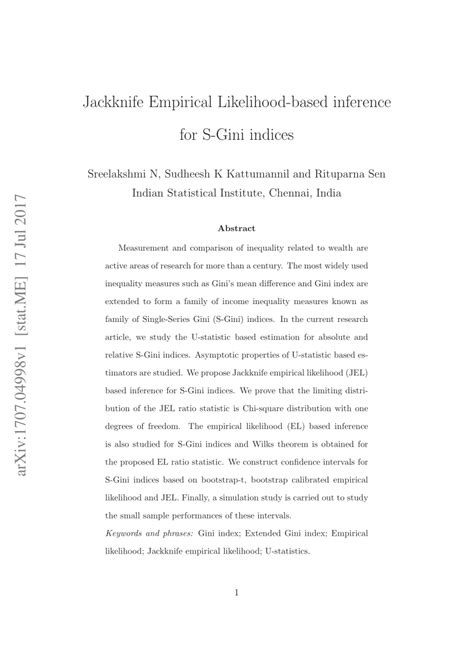 Pdf Jackknife Empirical Likelihood Based Inference For S Gini Indices