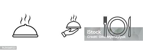 숟가락 포크 나이프 요리사 모자 및 접시 아이콘 세트 음식 트레이를 들고 손 저녁 식사 서비스 컬렉션 칼 붙이의 실루엣 벡터 일러스트 레이 션 그릇에 대한 스톡 벡터 아트