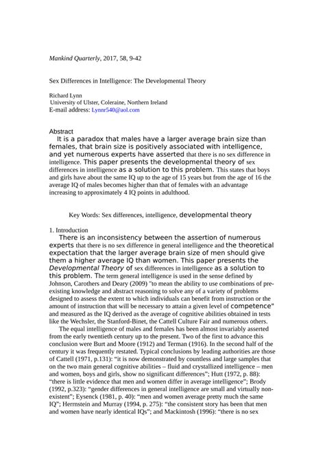 PDF Sex Differences In Intelligence And Brain Size A Developmental Theory