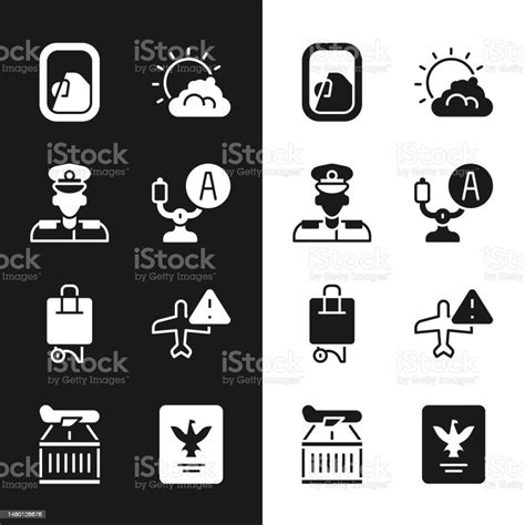 항공기 조타 장치 조종사 비행기 창 태양과 구름 날씨 가방 경고 항공기 여권 및 비행기 아이콘을 설정합니다 벡터 가방에 대한 스톡 벡터 아트 및 기타 이미지 Istock
