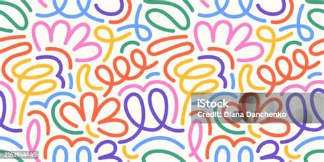 라인 낙서와 펑키한 색종이 조각이 있는 다채롭고 이음매 없는 패턴 이 창의적이고 미니멀한 배경은 아이들에게 이상적이며 단순하고 장난기 넘치는 낙서 스타일의 기본 모양이