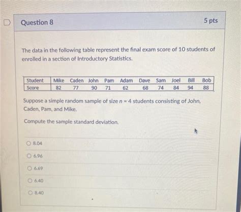 solved the data in the following table represent the final