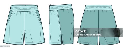 스포츠 반바지 테크니컬 패션 일러스트레이션 짧은 바지 패션 디자인 신축성있는 허리 내부 졸라 매는 끈 측면 슬릿 전면 측면 및 후면도 녹색 여성 남성 유니섹스 Cad 모형