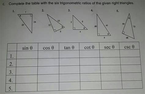 Solved Complete The Table With The Six Trigonometric Ratios Of The Given Right Triangles 1 2