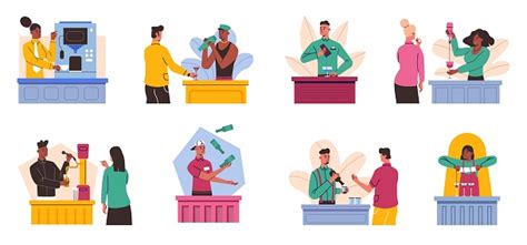 바텐더는 칵테일을 만듭니다 직장에서 전문가 음료 준비 커피를 만드는 바리스타 술을 요리하는 바텐더 카페 카운터에 있는 사람들