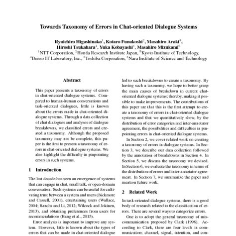 Towards Taxonomy Of Errors In Chat Oriented Dialogue Systems Acl