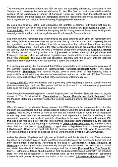 Eu Supremacy And Direct Effect The Connection Between National And Eu Law Was Not Expressly