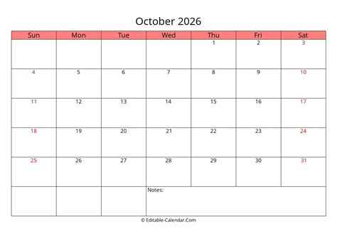 Editable Calendar October 2026 In Excel Word Pdf
