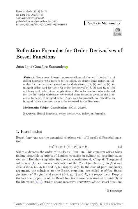 Pdf Reflection Formulas For Order Derivatives Of Bessel Functions