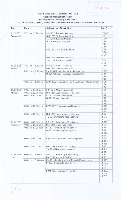 Notice Revised Examination Timetable June 2025 Faculty Of