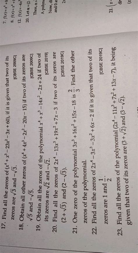 17 Find All The Zeros Of X4x3−23x2−3x60 If It Is Given That Two Of
