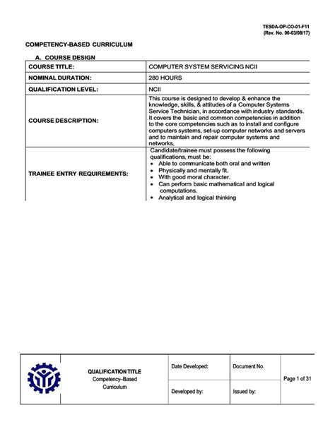 Tesda Computer System Servicing Ncii Curriculum Pdf Occupational Safety And Health