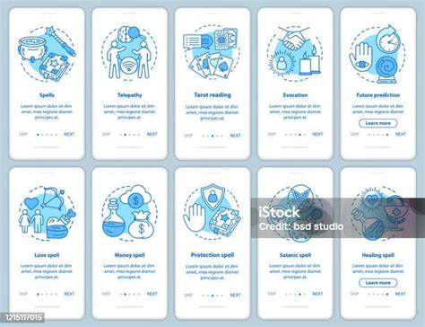 선형 개념 세트와 모바일 앱 페이지 화면을 온보딩 마법 주문 마법과 마법 연습 단계 그래픽 지침 Ux Ui 그림이 있는 Gui 벡터 템플릿 개념에 대한 스톡 벡터 아트 및