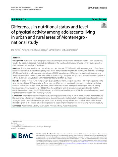 Pdf Differences In Nutritional Status And Level Of Physical Activity Among Adolescents Living
