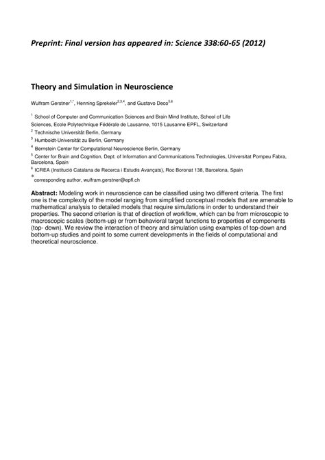 Pdf Theory And Simulation In Neuroscience