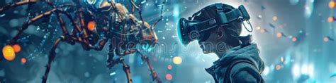 A Dramatic Portrayal Of A Programmer In Virtual Reality Gear Battling Against A Giant Bug In A