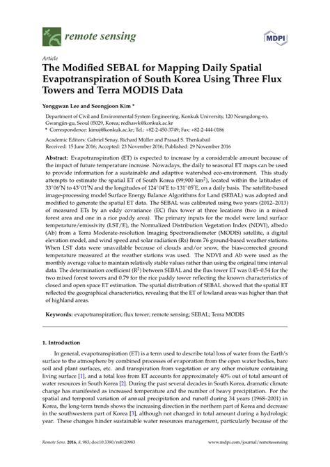 Pdf The Modified Sebal For Mapping Daily Spatial Evapotranspiration Of South Korea Using Three