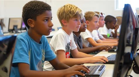 A Group Of Young Boys Are Sitting In A Computer Lab Using Computers