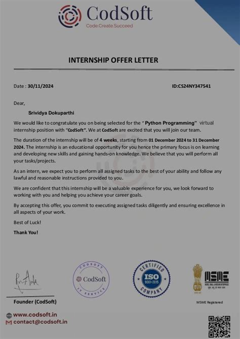 Srividya Dokuparthi On Linkedin Pythonprogramming Virtualintern Codsoft Newopportunity