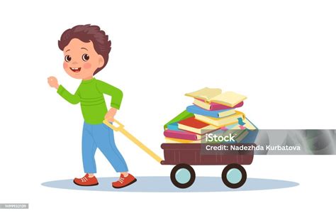 지식에 대한 갈증 영리한 소년이 책뭉치를 들고 카트를 끌고 있다 교과서로 가득 찬 트롤리를 들고 있는 학생 자기 교육 문학을