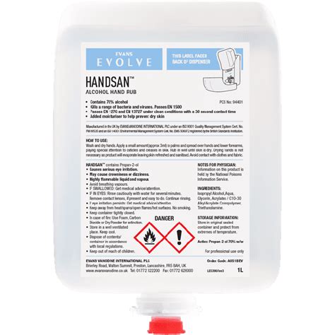 Evans Handsan Hand Sanitiser Cartridge 1ltr