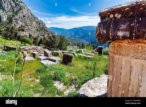 Ancient Greek Column At The Delphi Archaeological Site Delphi Was Considered The Center Of The