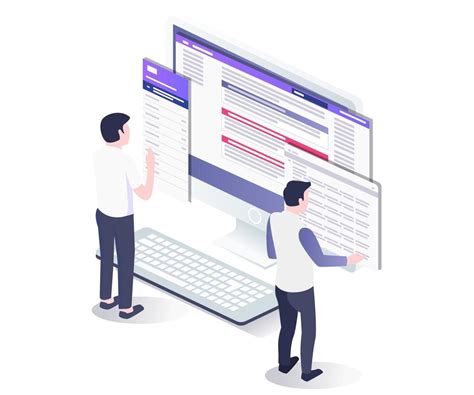 Flat Isometric Illustration Concept Two Men Working Analyzing Data On A Computer Vector