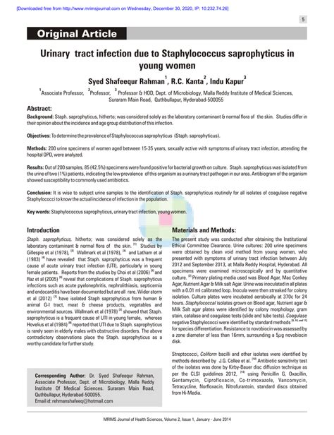 Pdf Urinary Tract Infection Due To Staphylococcus Saprophyticus In Young Women