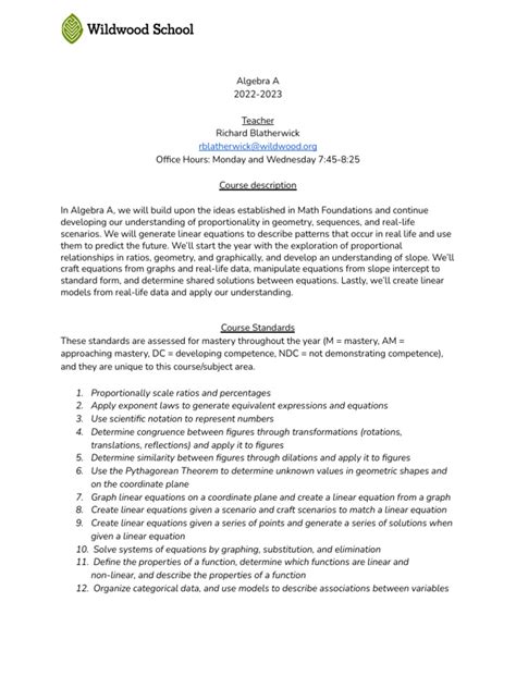 Algebra A Syllabus Pdf Equations Geometry