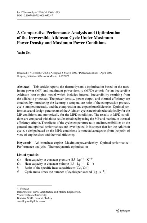 Pdf A Comparative Performance Analysis And Optimization Of The Irreversible Atkinson Cycle