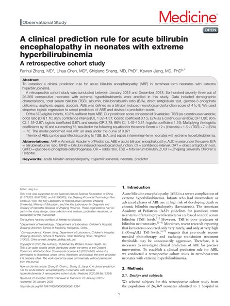 Pdf A Clinical Prediction Rule For Acute Bilirubin Encephalopathy In Neonates With Extreme