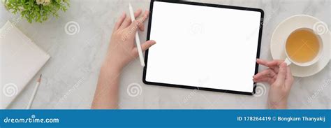 Overhead Shot Of Female Freelancer Working On Mock Up Tablet On Marble Table Stock Image Image