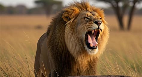 Majestic Roaring Lion In Golden Savanna A Dramatic Wildlife Photograph