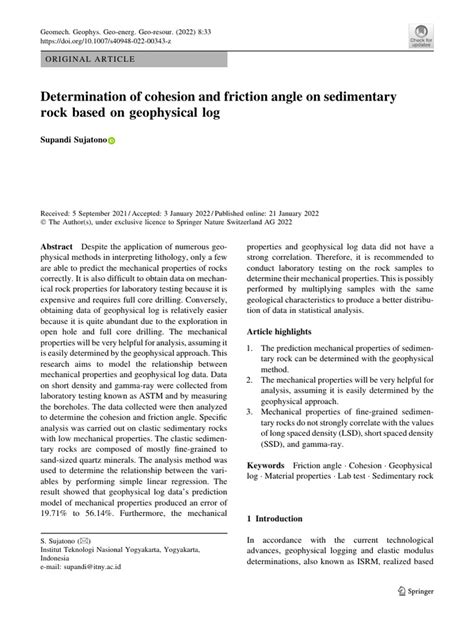 Determination Of Cohesion And Friction Angle On Sedimentary Rock Based On Geophysical Log Pdf
