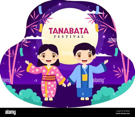 Tanabata Festival Vector Illustration With People Wearing Kimono And