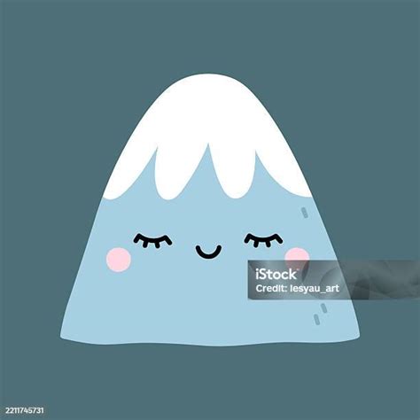 눈 덮인 봉우리가 있는 귀여운 산 플랫 스타일의 벡터 손으로 그린 그림 장식 카드 로고 다양한 디자인에 적합합니다 카와이 캐릭터